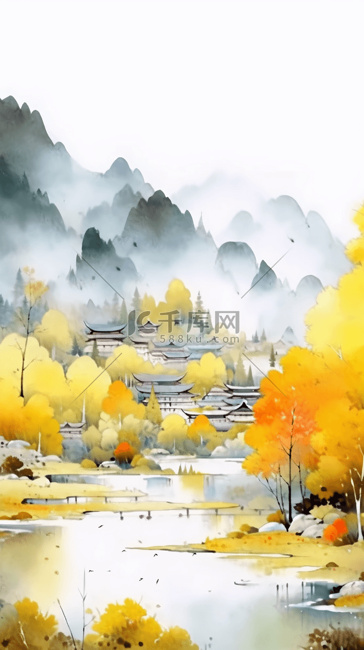 美丽的秋天透明质感水彩秋天插画图片-千库网