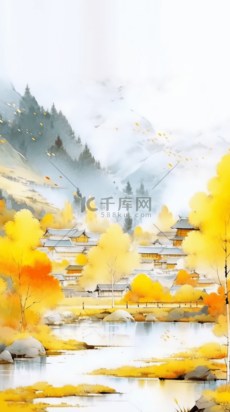 美丽的秋天透明质感水彩秋天插画图片-千库网