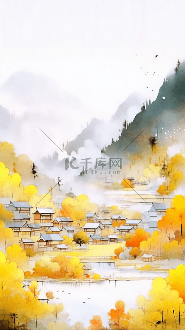 美丽的秋天透明质感水彩秋天插画图片-千库网