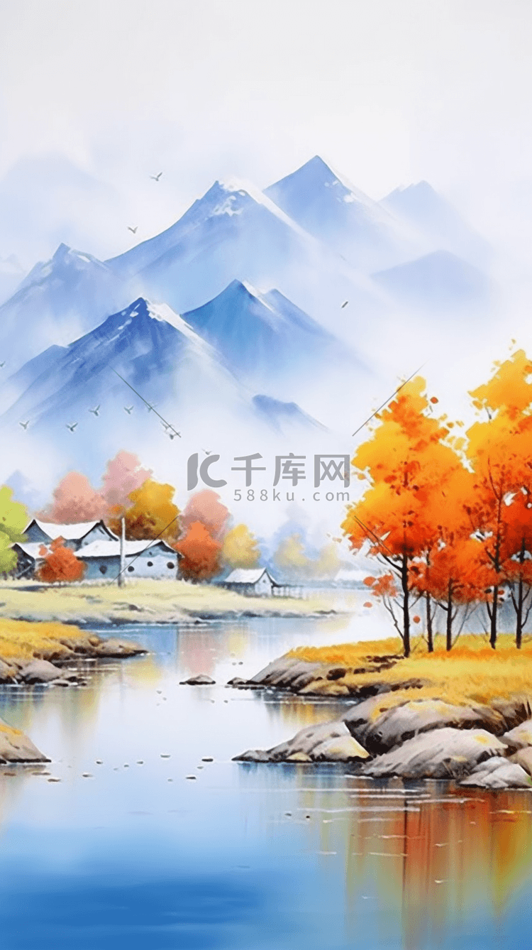 美丽的秋天透明质感水彩秋天插画图片-千库网