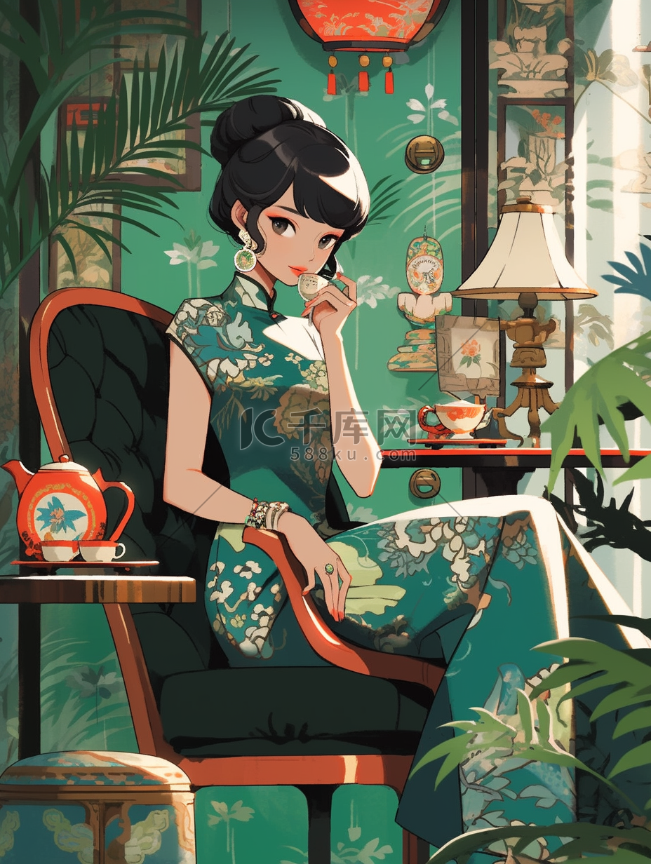 新中式旗袍人物复古手绘插画图片-千库网