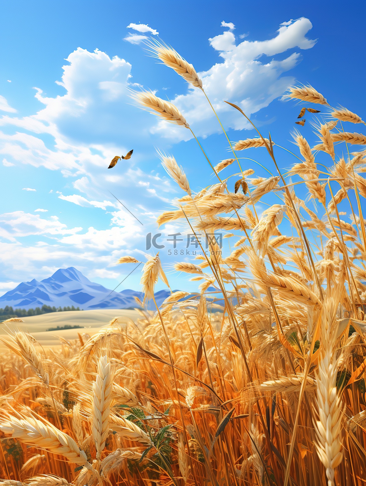 金色麦田蓝天白云2插画图片-千库网