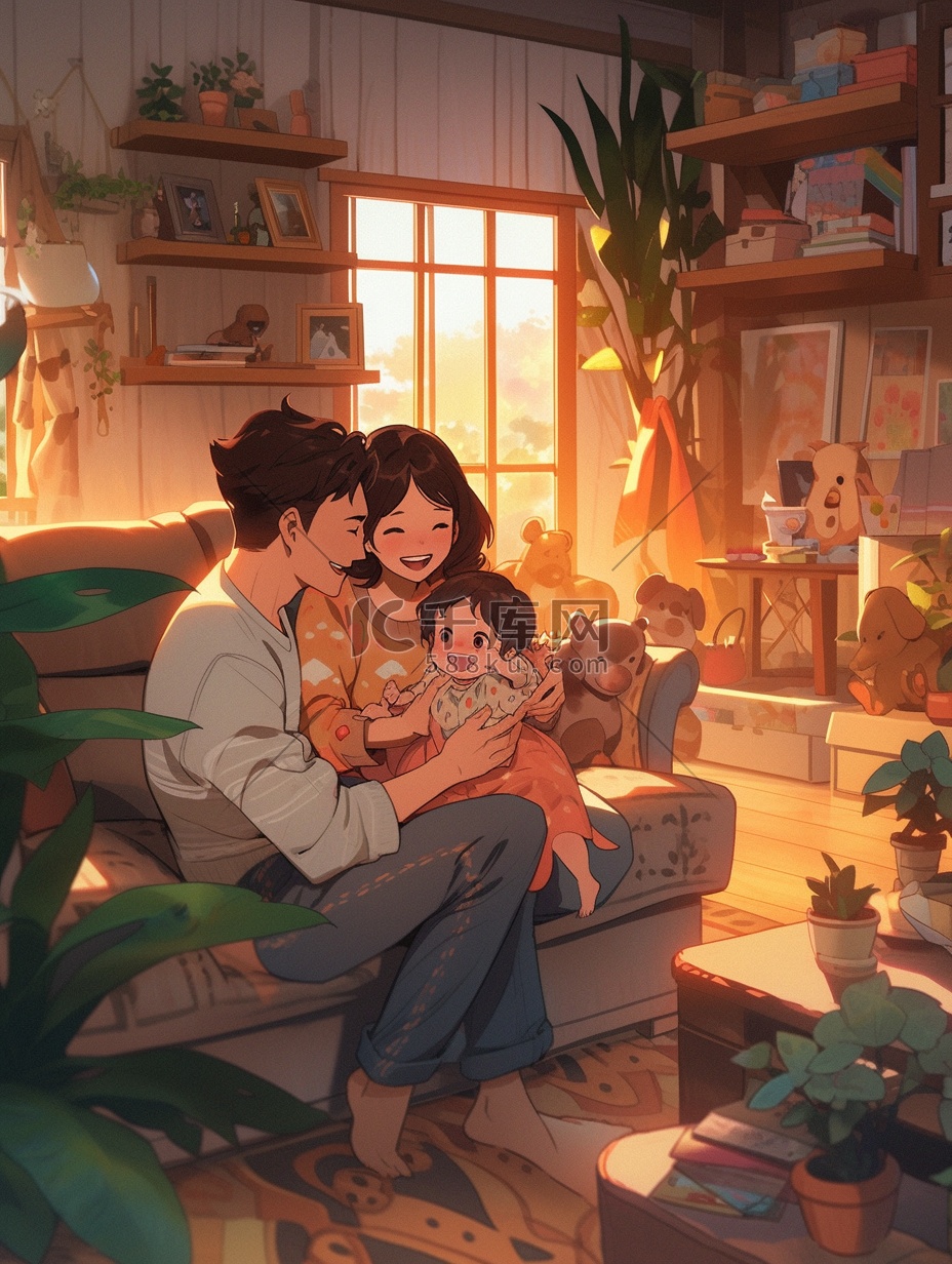 卡通风亲子互动唯美3插画图片-千库网