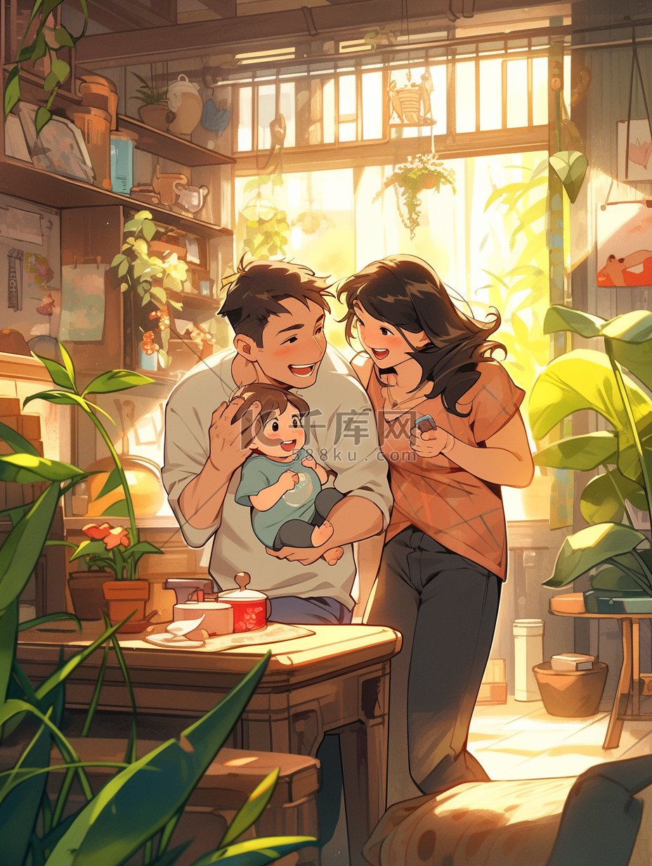 卡通风亲子互动唯美5插画图片-千库网