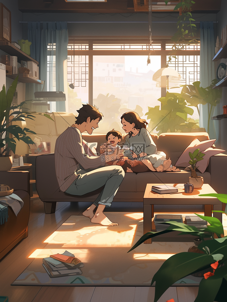 卡通风亲子互动唯美6插画图片-千库网