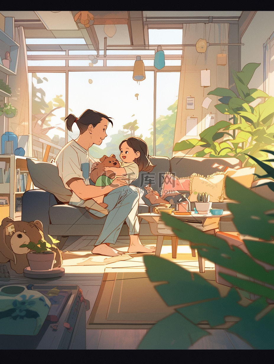 卡通风亲子互动唯美7插画图片-千库网