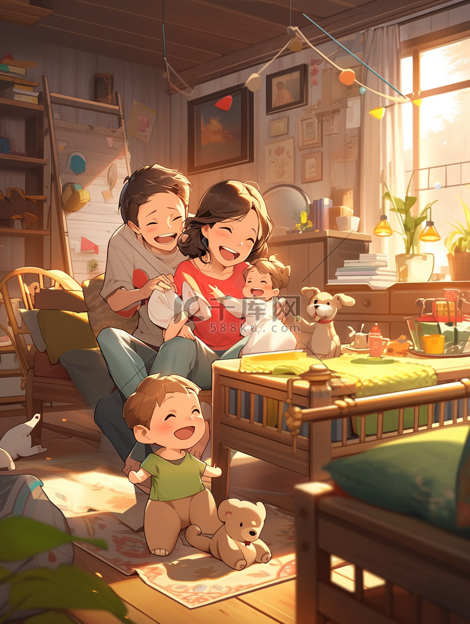 卡通风亲子互动唯美13插画图片-千库网