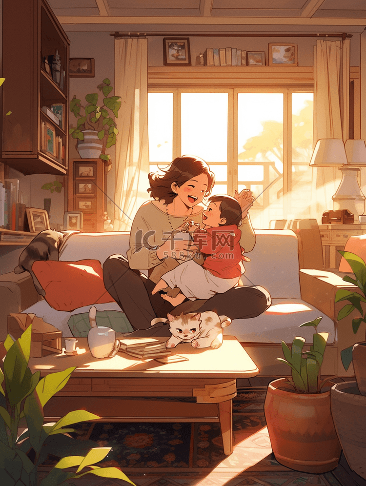 卡通风亲子互动唯美1插画图片-千库网
