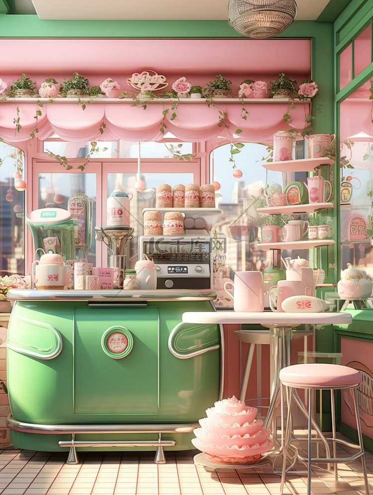 粉红色的咖啡店可爱梦幻19插画图片-千库网