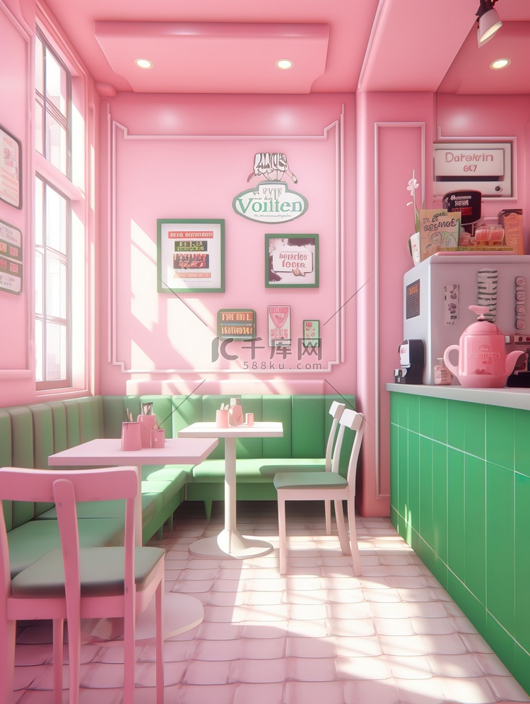 粉红色的咖啡店可爱梦幻17插画图片-千库网