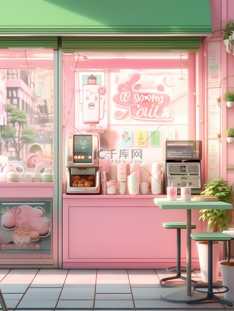 粉红色的咖啡店可爱梦幻16插画图片-千库网
