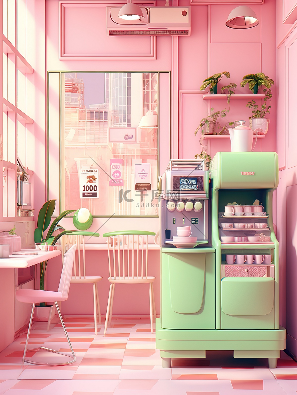 粉红色的咖啡店可爱梦幻5插画图片-千库网