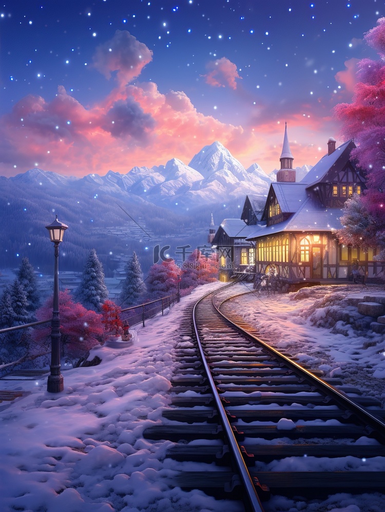 美丽的乡村冬天夜景89插画图片-千库网