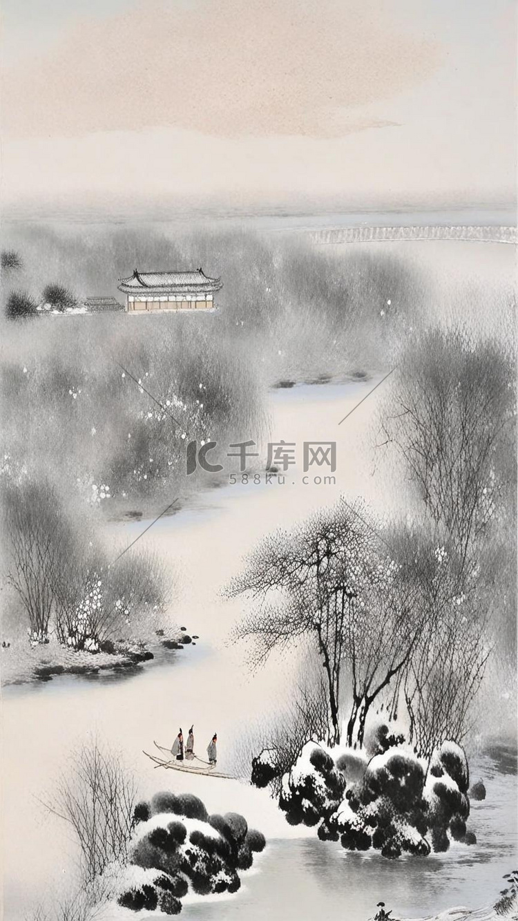 中国风磨砂肌理意境山水画1插画图片-千库网