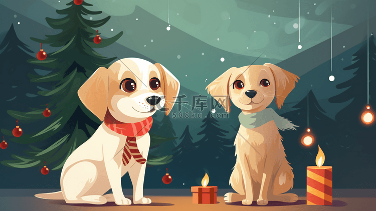 圣诞树前的宠物狗插画图片-千库网