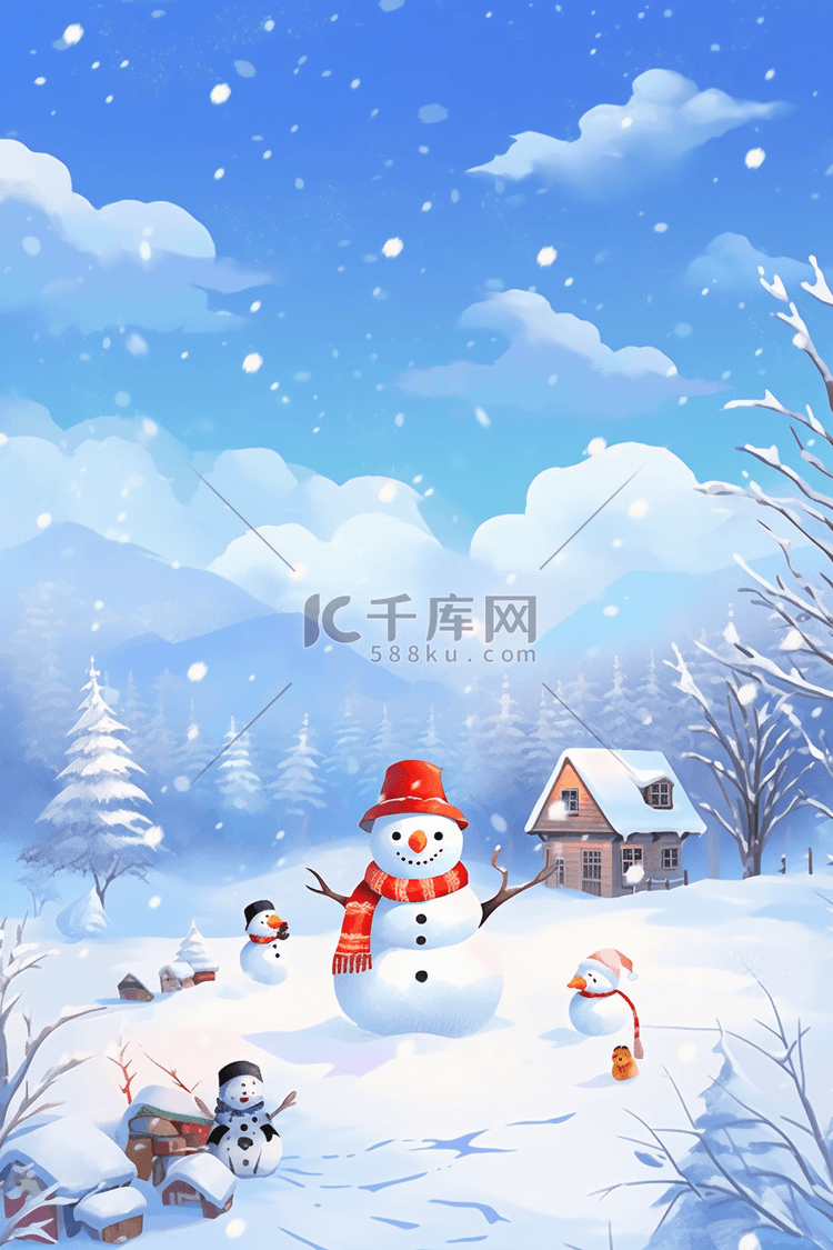 冬天海报雪人手绘松树插画图片-千库网