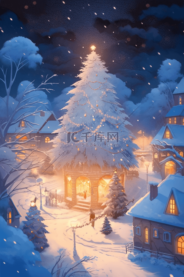 圣诞节夜晚海报小镇插画图片-千库网