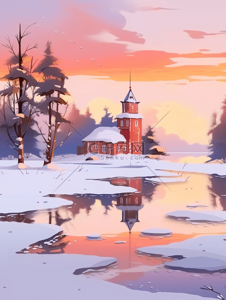 冬天木屋雪景手绘插画图片-千库网