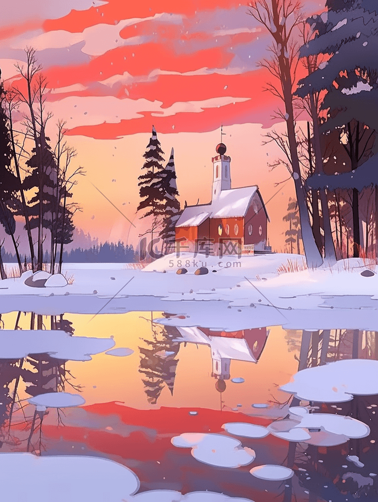 冬天木屋手绘雪景插画图片-千库网