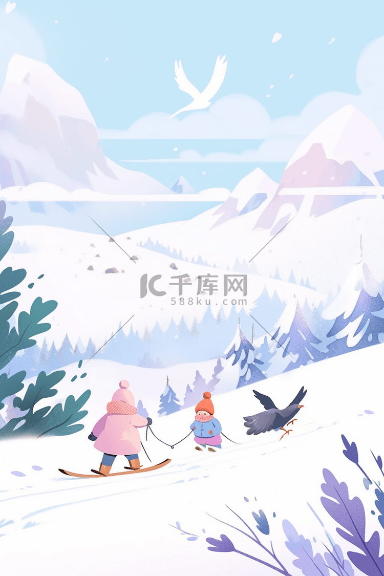 冬天海报可爱孩子滑雪手绘插画图片-千库网