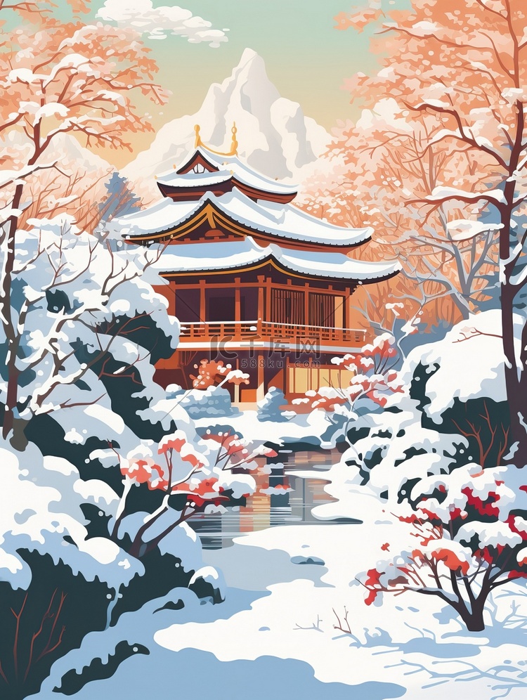 中国风冬天雪景山水画14插画图片-千库网