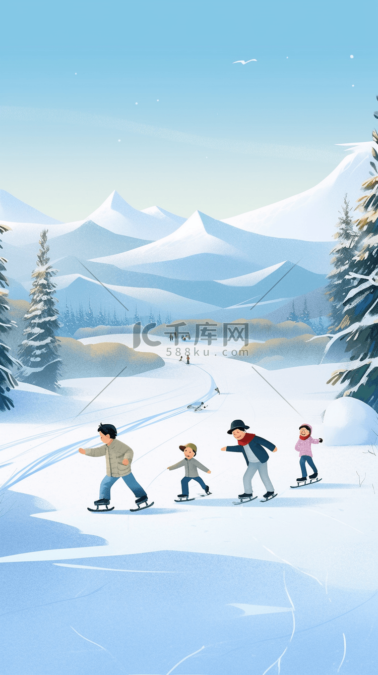 孩子滑雪雪山手绘冬天插画图片-千库网