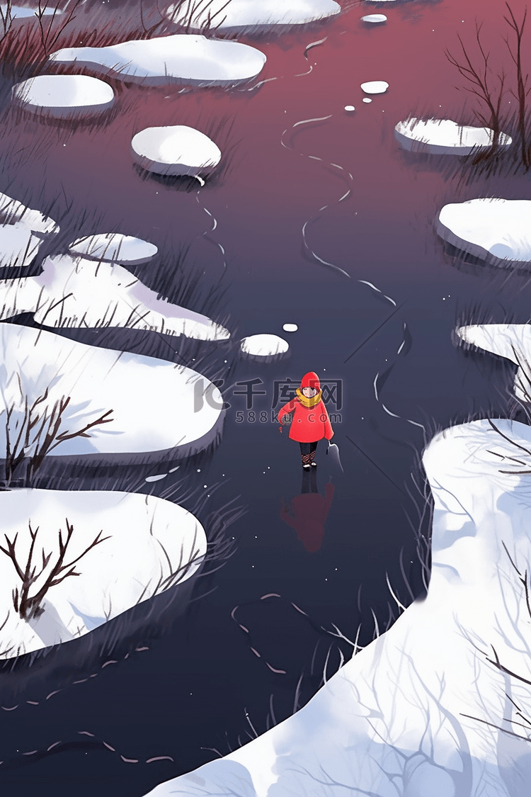 冬天冰冻湖面女孩手绘插画图片-千库网