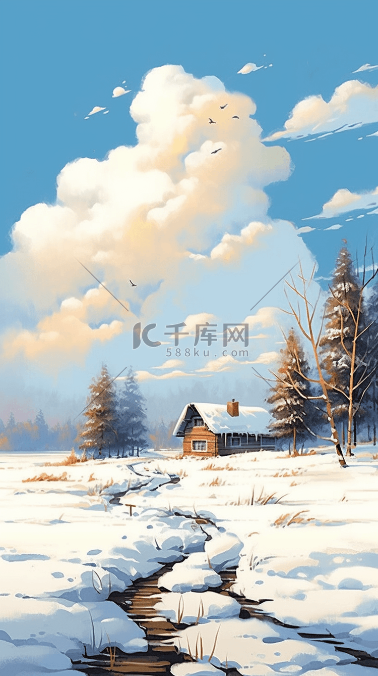 冬天海报唯美风景插画图片-千库网