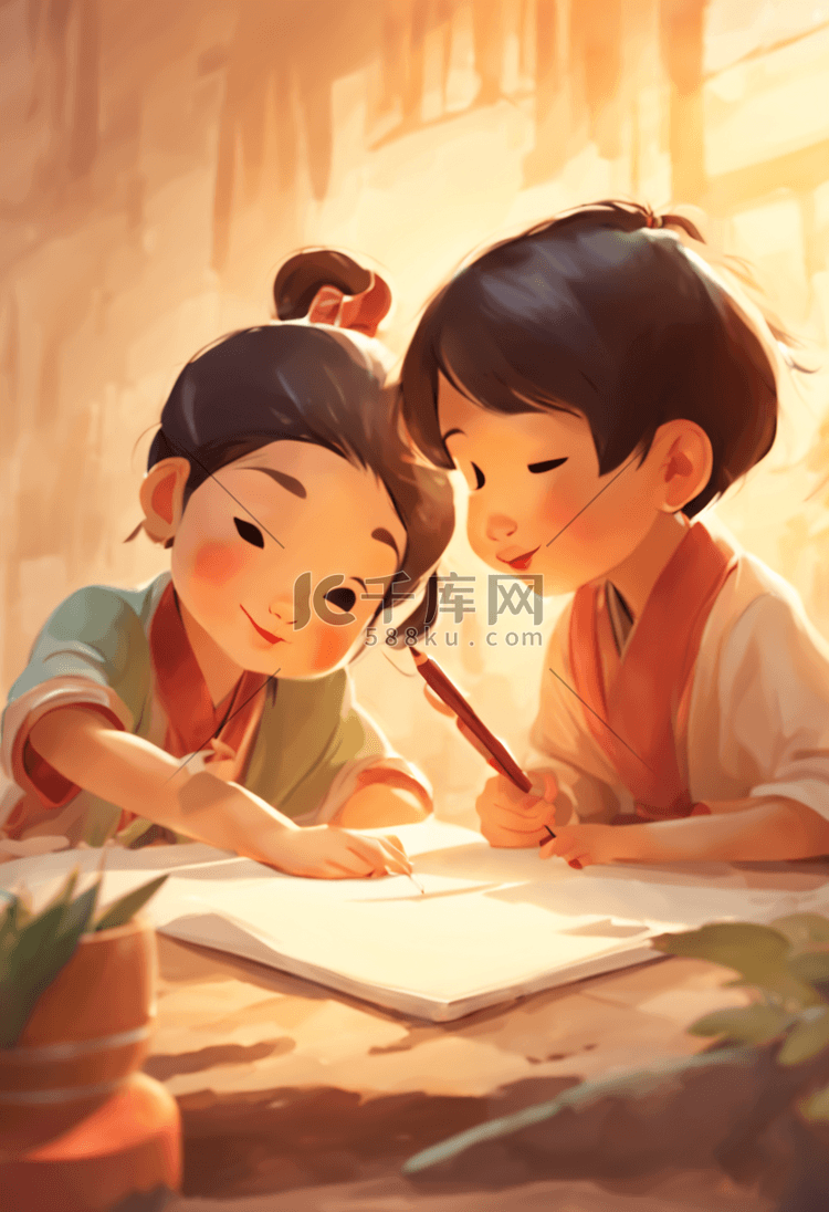 读书写字卡通玩耍儿童唯美森林插画图片-千库网