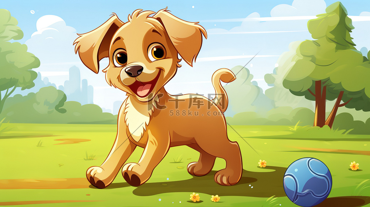 可爱快乐的小狗在公园里玩球4插画图片-千库网
