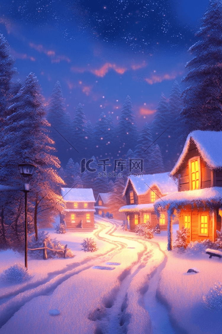 冬天夜晚风景手绘唯美插画图片-千库网