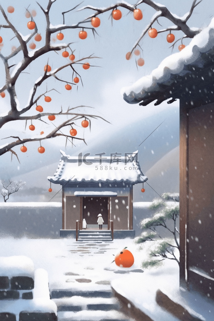 冬天院内海报雪景手绘插画图片-千库网