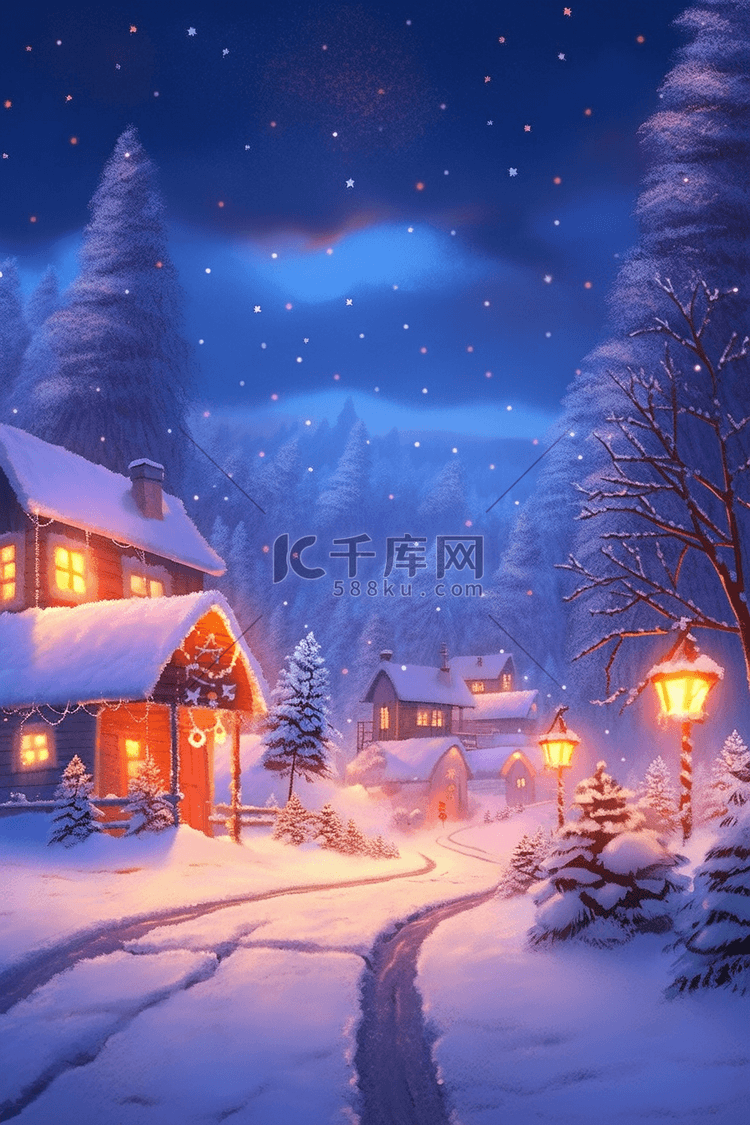 冬天夜晚风景唯美手绘插画图片-千库网