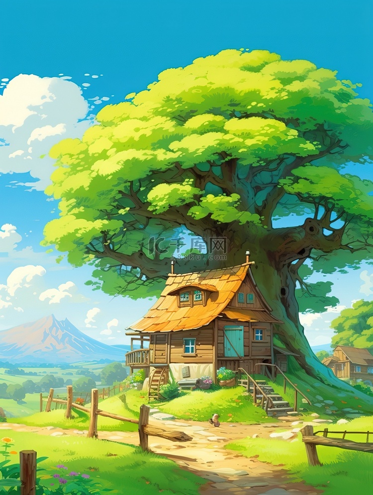 一棵大树下的房子15插画图片-千库网