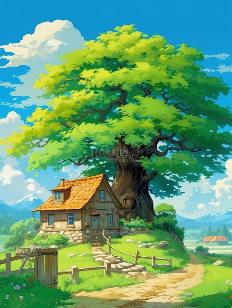 一棵大树下的房子8插画图片-千库网