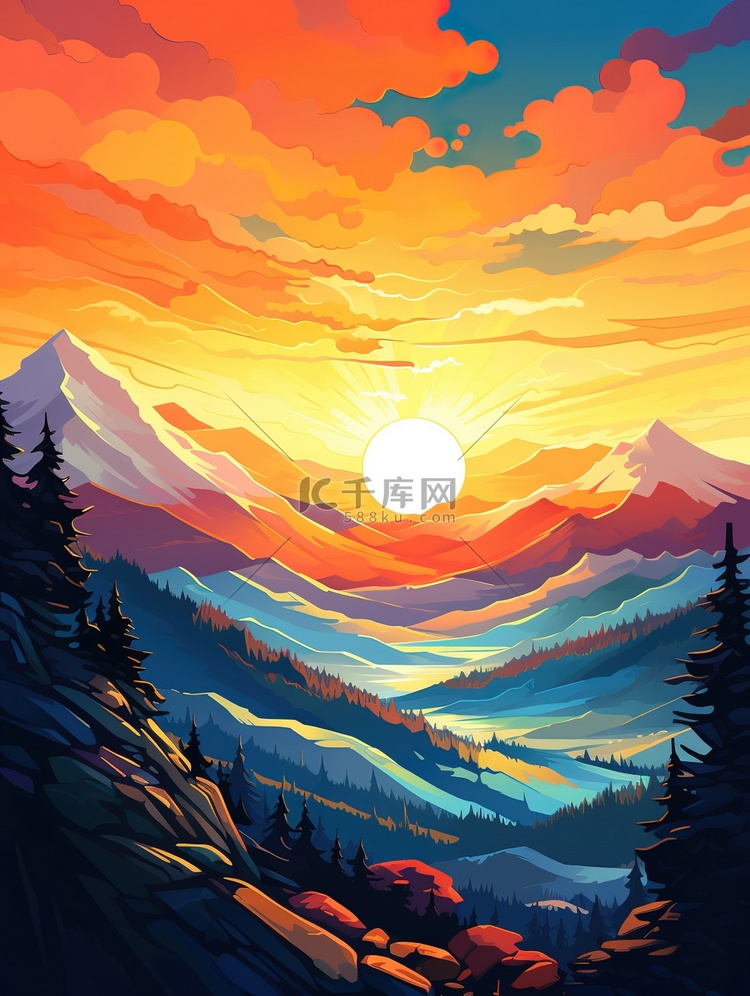 美丽的高山日出全景14插画图片-千库网