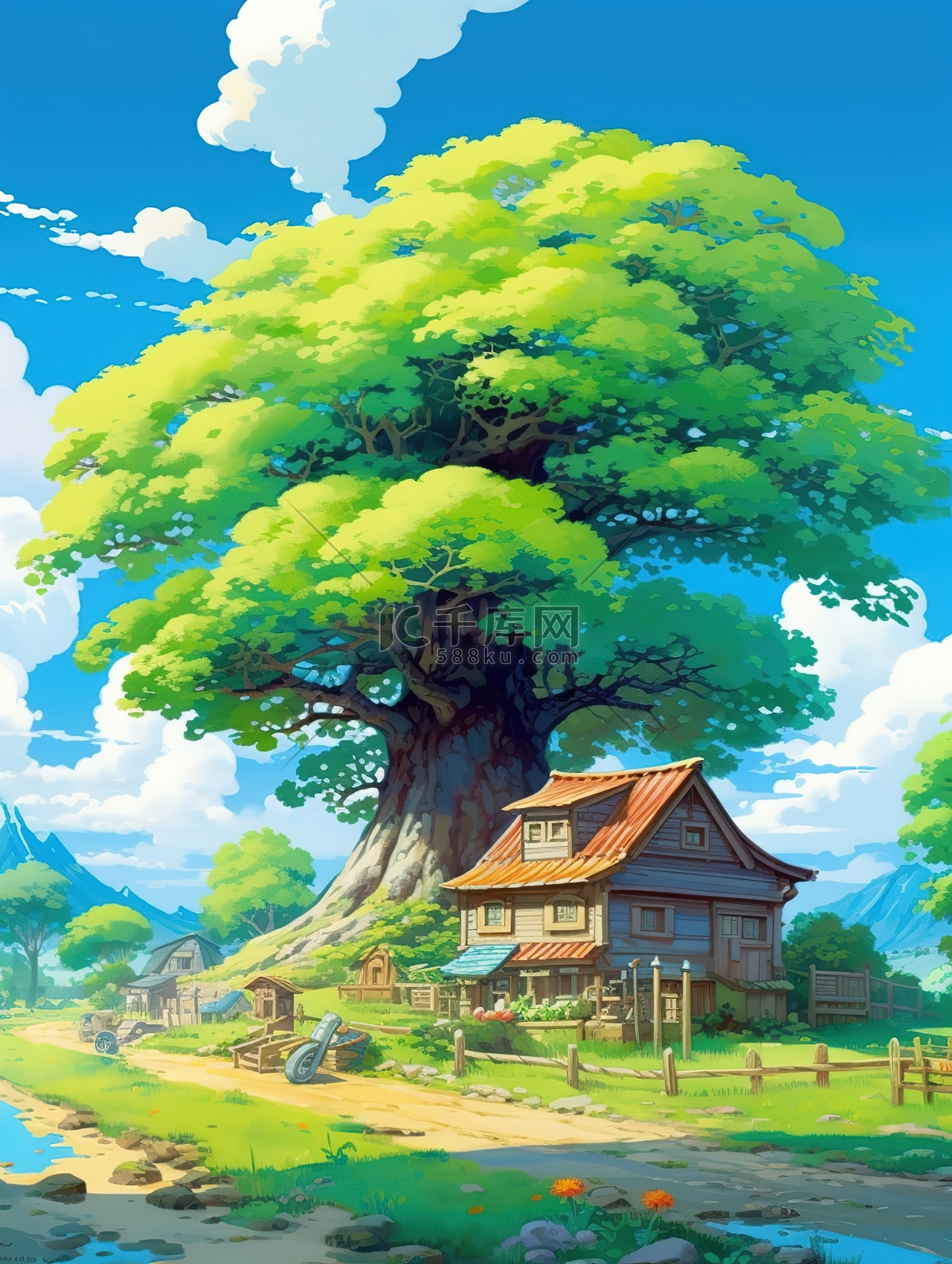 一棵大树下的房子6插画图片-千库网