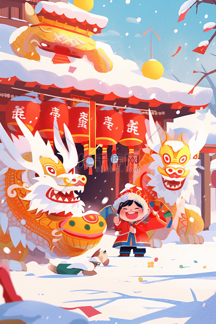 新年舞狮可爱孩子手绘插画图片-千库网