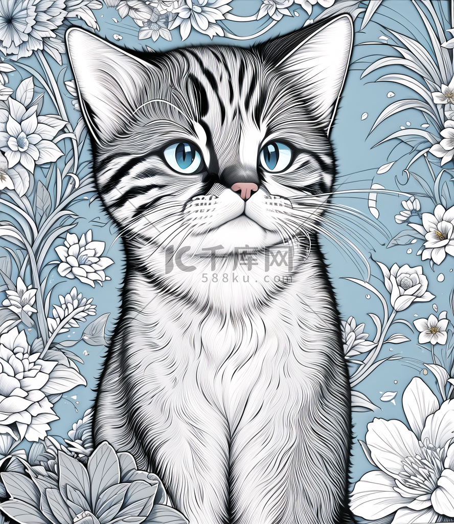 版画猫木刻写实素描唯美花插画图片-千库网