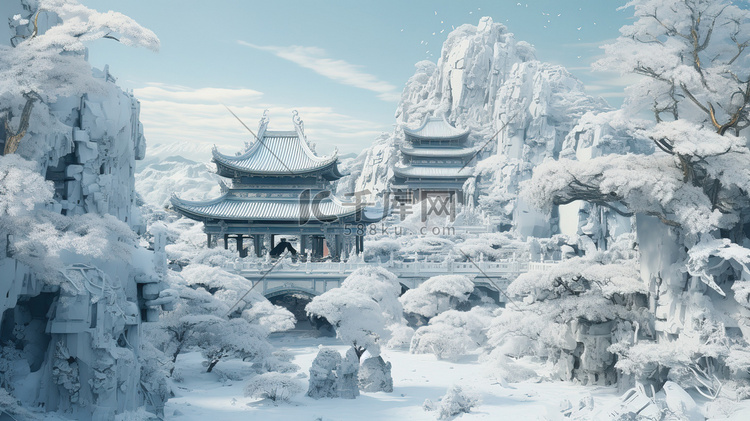 中国风冬天雪景凉亭公园3插画图片-千库网