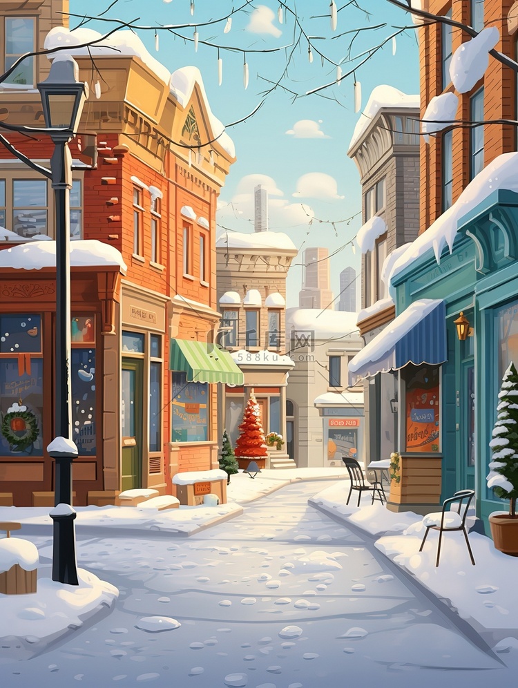 冬天下雪的可爱街景3原创插画图片-千库网