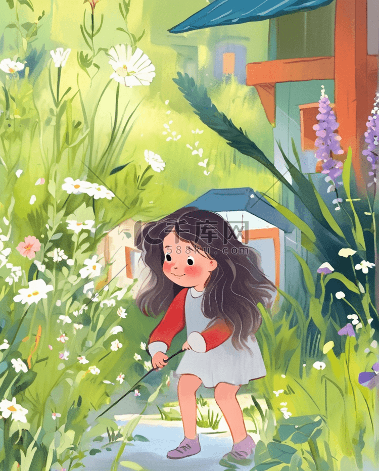 春天花草女孩绿色自然户外插画图片-千库网