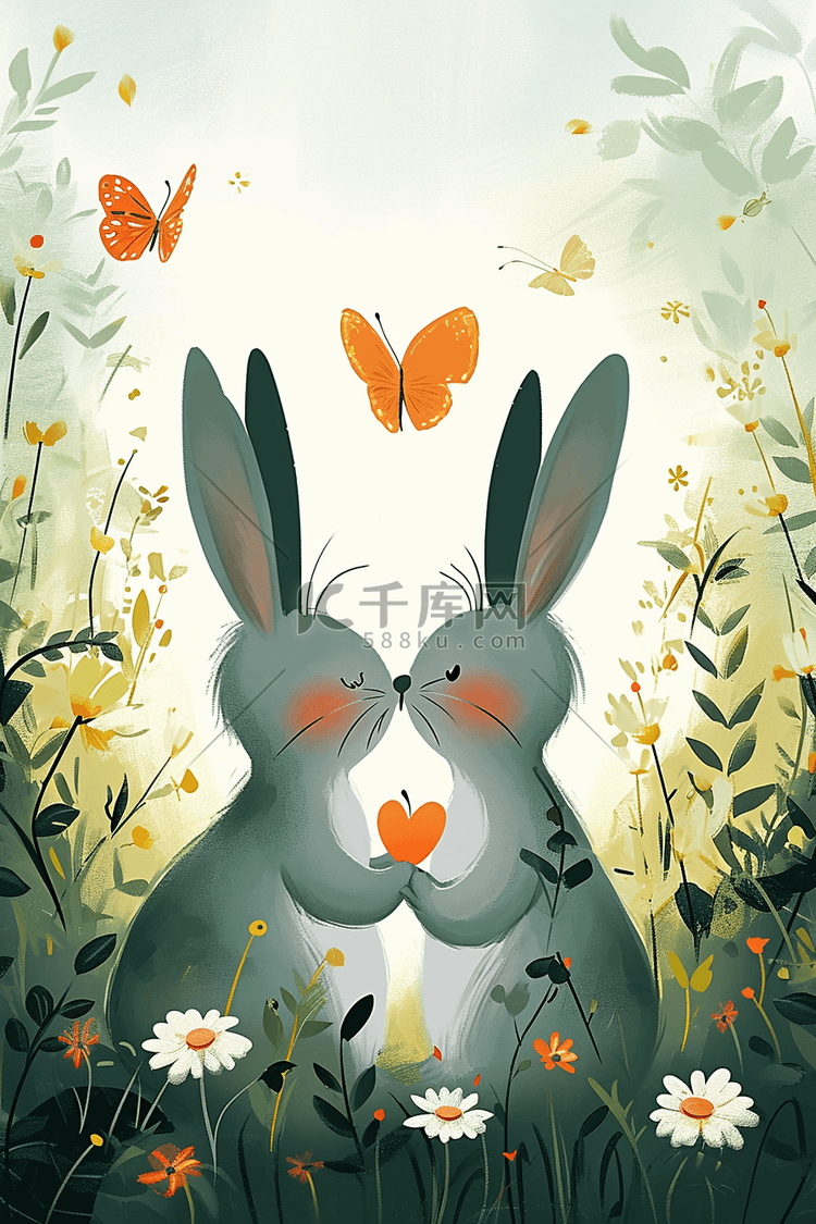 手绘春天可爱兔子海报插画图片-千库网