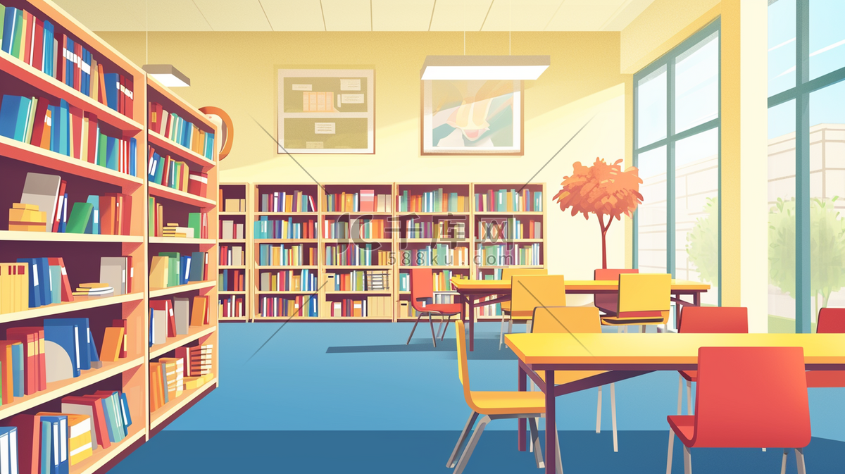 学校图书馆学习场景13插画图片-千库网