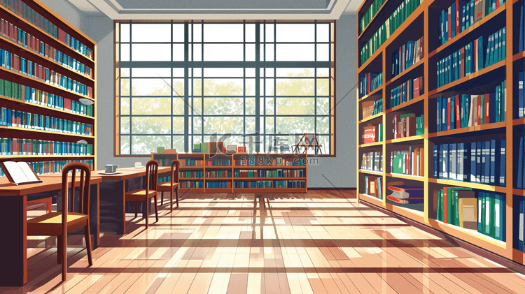 手绘卡通学校图书室看书的1插画图片-千库网