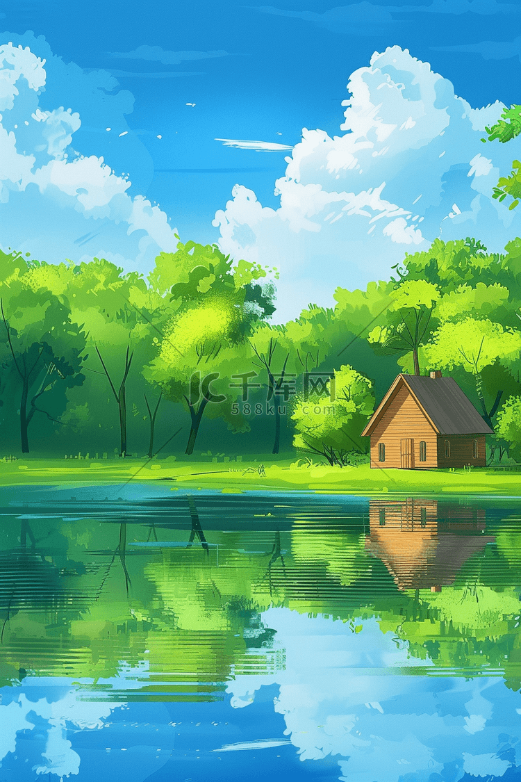 春天唯美风景湖泊手绘插画图片-千库网