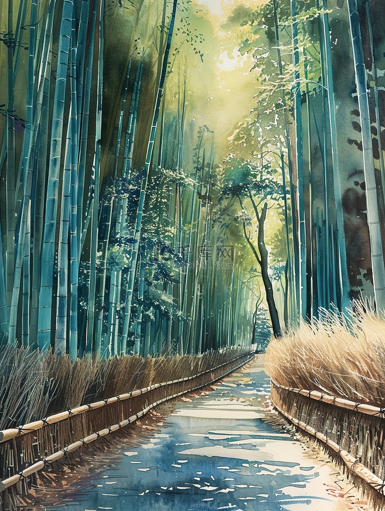竹林竹子小路梦幻插画图片-千库网