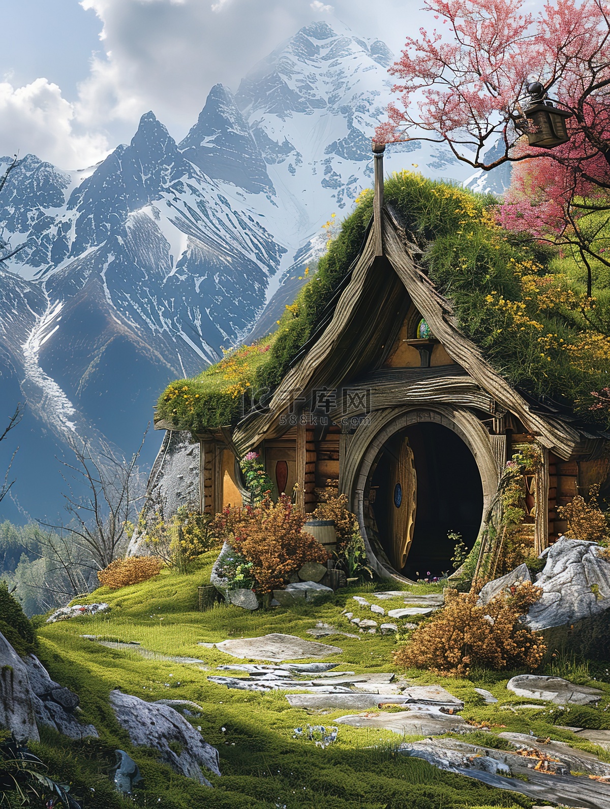 春天的霍比特人小屋矢量插画图片-千库网