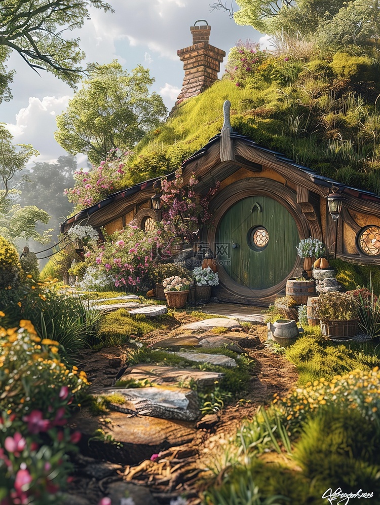 春天的霍比特人小屋设计插画图片-千库网