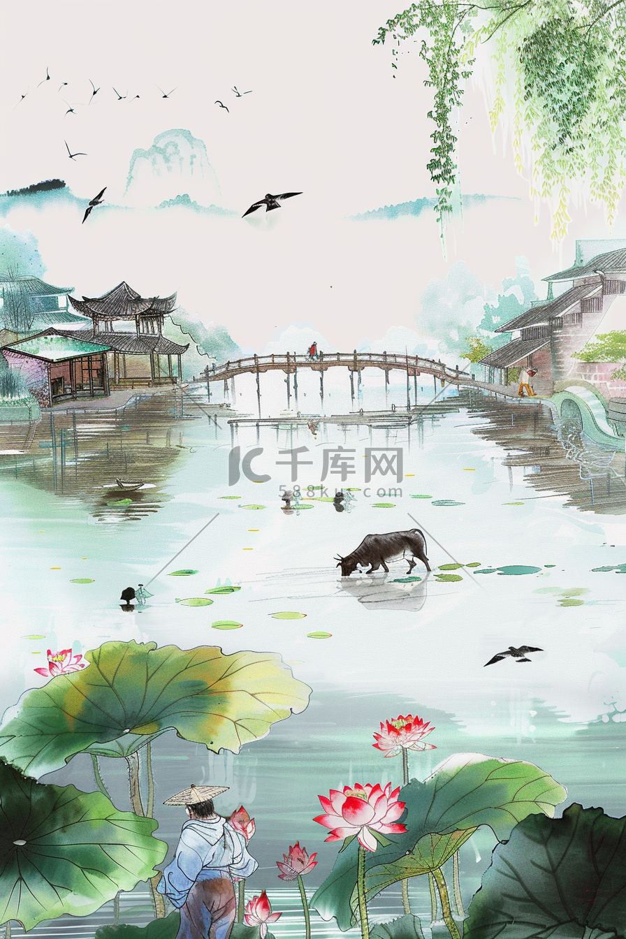 清明节海报湖水风景手绘插画图片-千库网